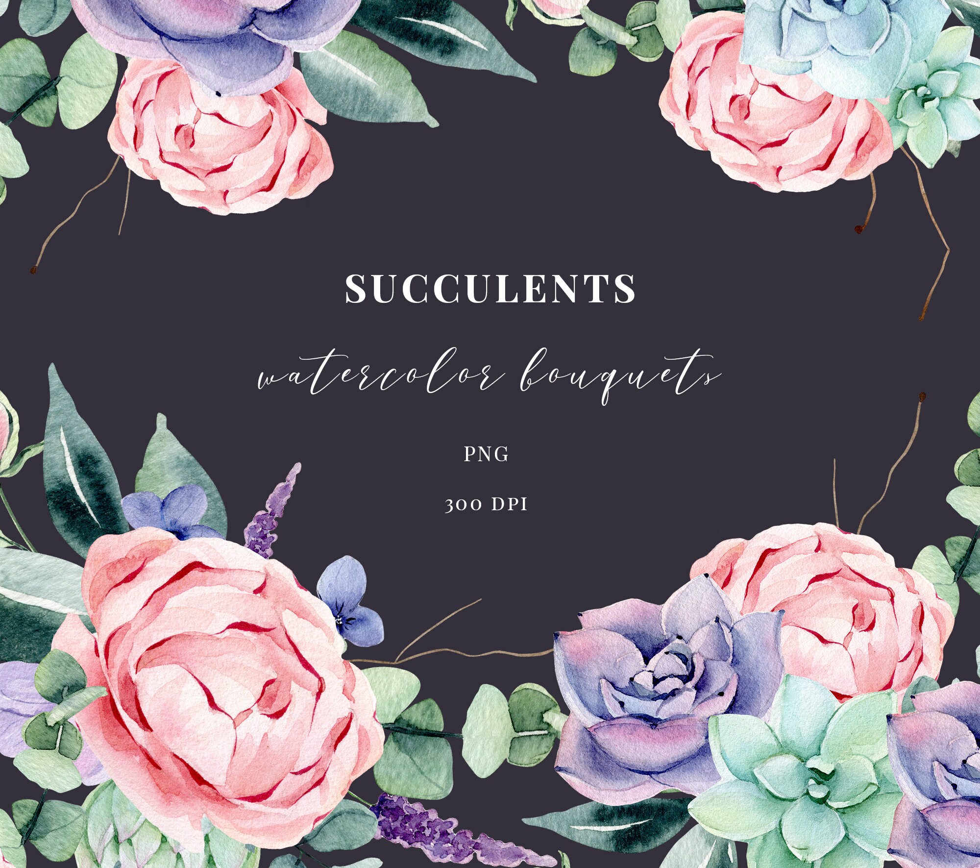 Succulent Clipart With Eucalyptus. Watercolor Floral Clipart | Etsy