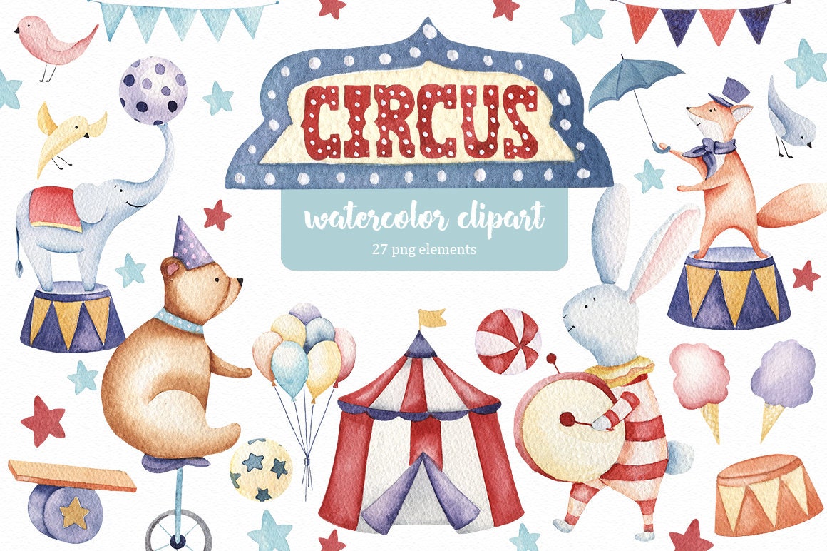 Circus Animal Watercolor Clipart Festive Clipart Baby Clipart - Etsy UK