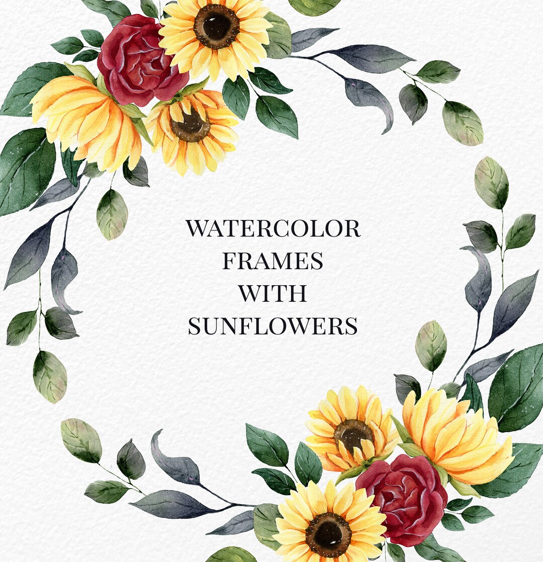 Sunflower Clipart, Summer Wreath, Greenery Clipart, Watercolor Floral ...
