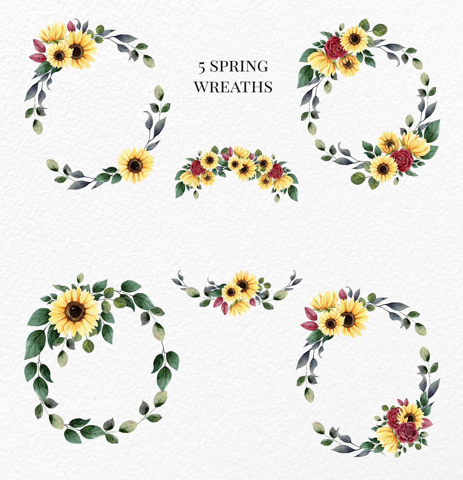 Sunflower Clipart Summer Wreath Greenery Clipart Watercolor | Etsy