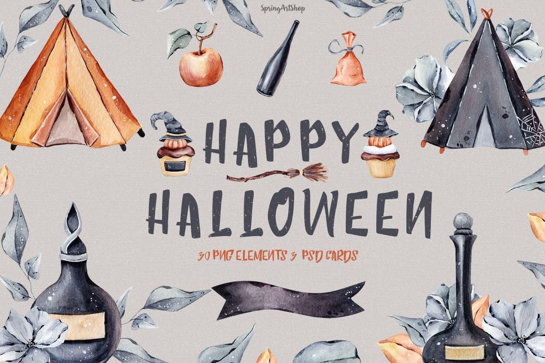 Halloween Clipart PNG. Fall PNG Clipart, Watercolor Invitation, Autumn ...