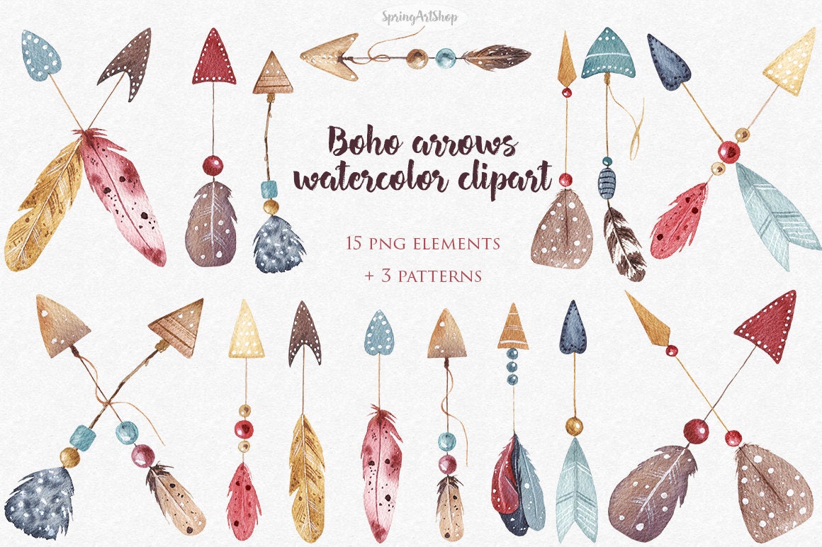 Watercolor Tribal Boho Clipart. Arrows Clipart Tribal Arrow | Etsy