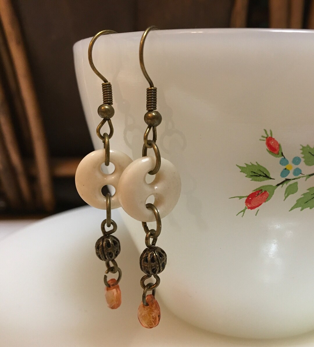 Vintage Repurposed Ceramic Button Earrings Small Dangling Orange Glass ...