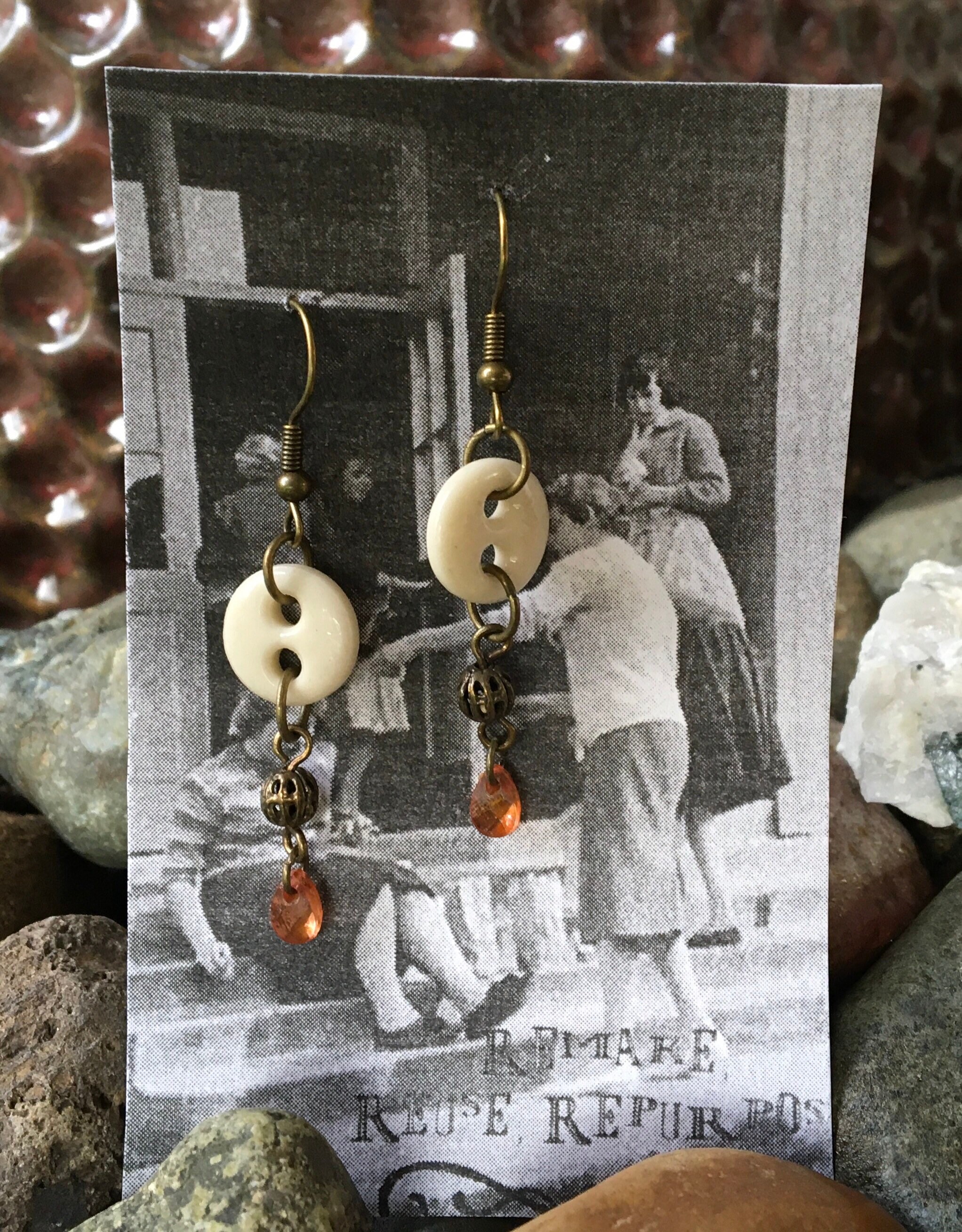 Vintage Repurposed Ceramic Button Earrings Small Dangling Orange Glass ...