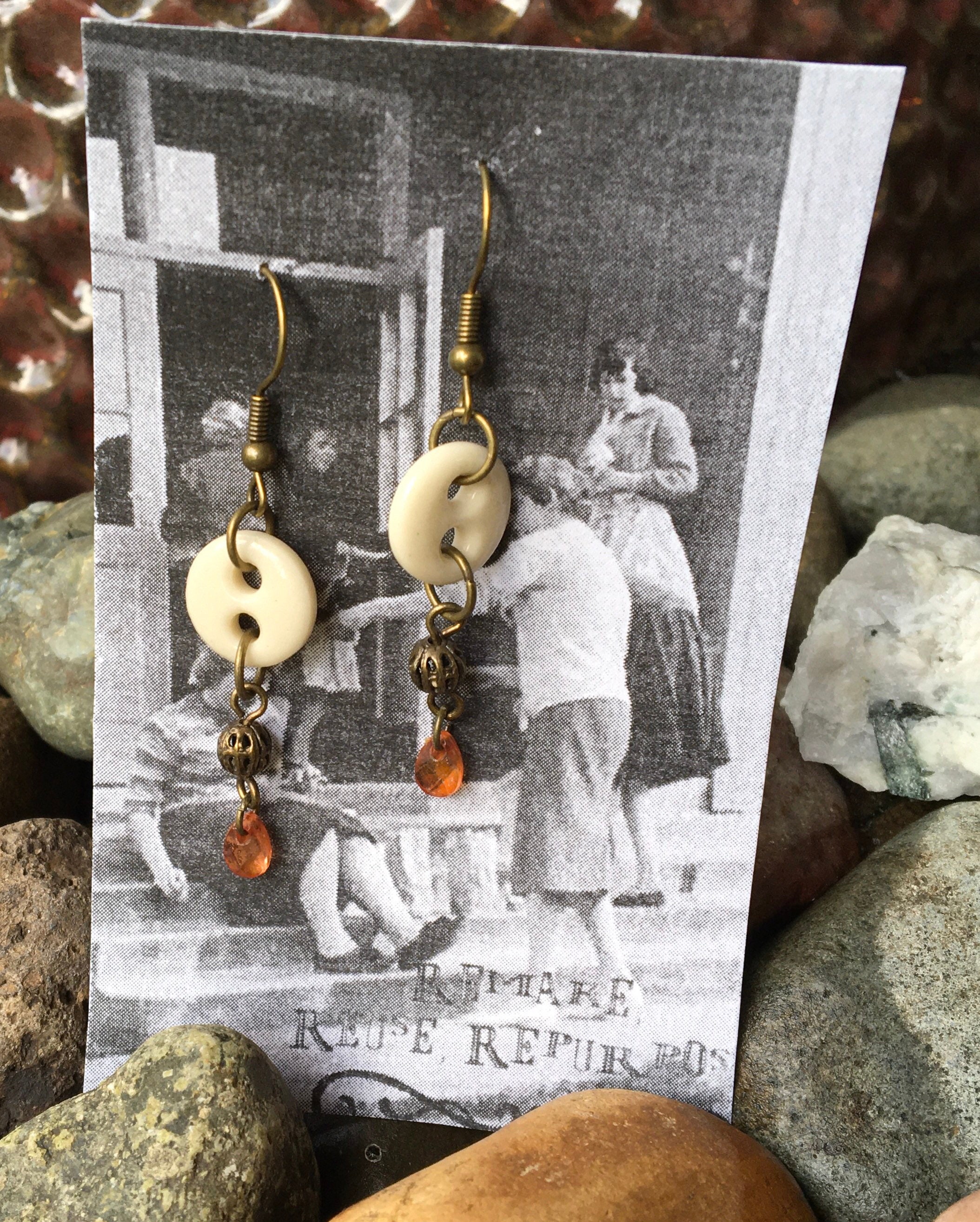 Vintage Repurposed Ceramic Button Earrings Small Dangling Orange Glass ...