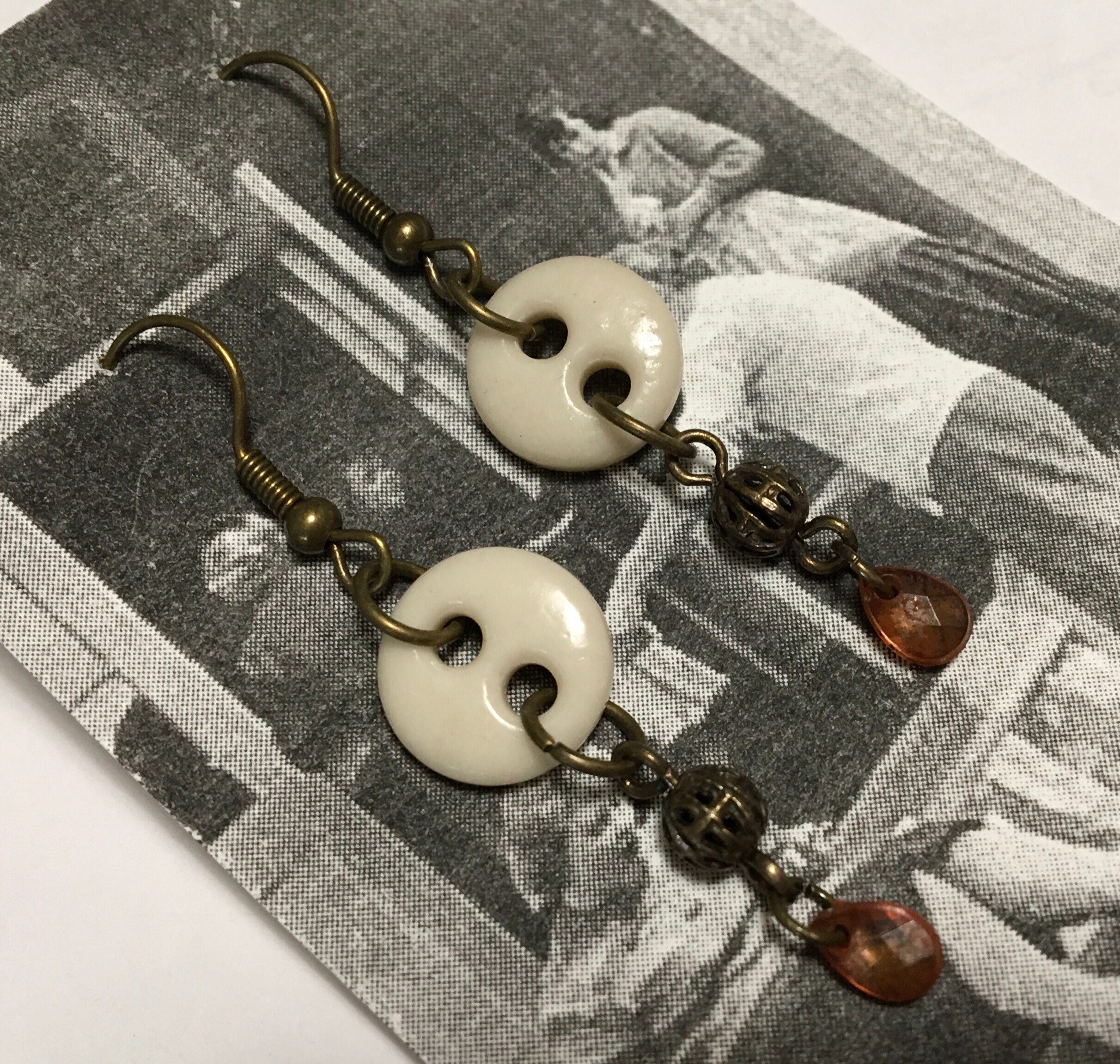 Vintage Repurposed Ceramic Button Earrings Small Dangling Orange Glass ...