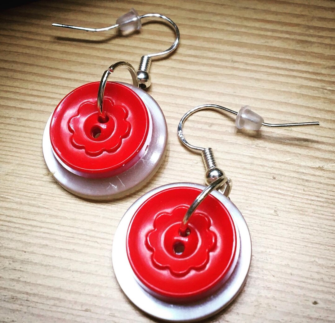 Button Earrings Repurposed White Button With Vintage Red Plastic Button - Etsy