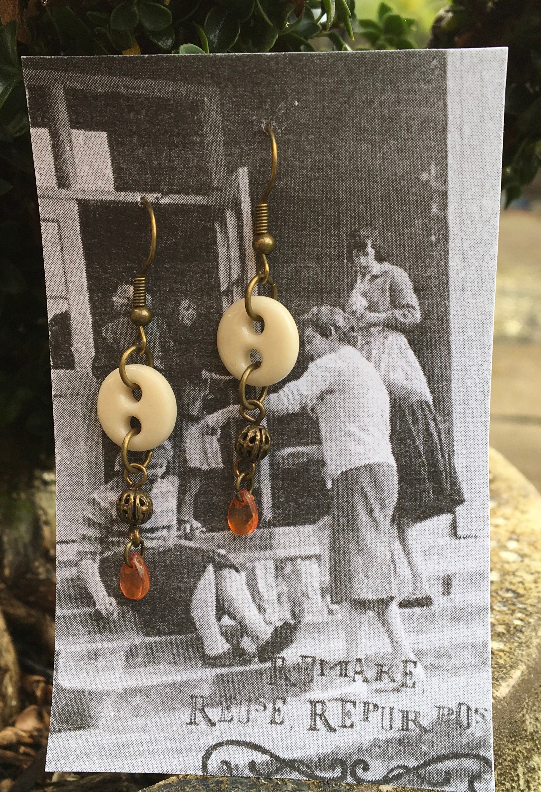 Vintage Repurposed Ceramic Button Earrings Small Dangling Orange Glass ...