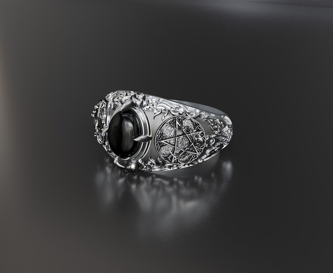 925 Sterling Silver Onyx Moon Pentacle Ring, Crescent Moon Ring, Pentagram Ring, Pentacle ...