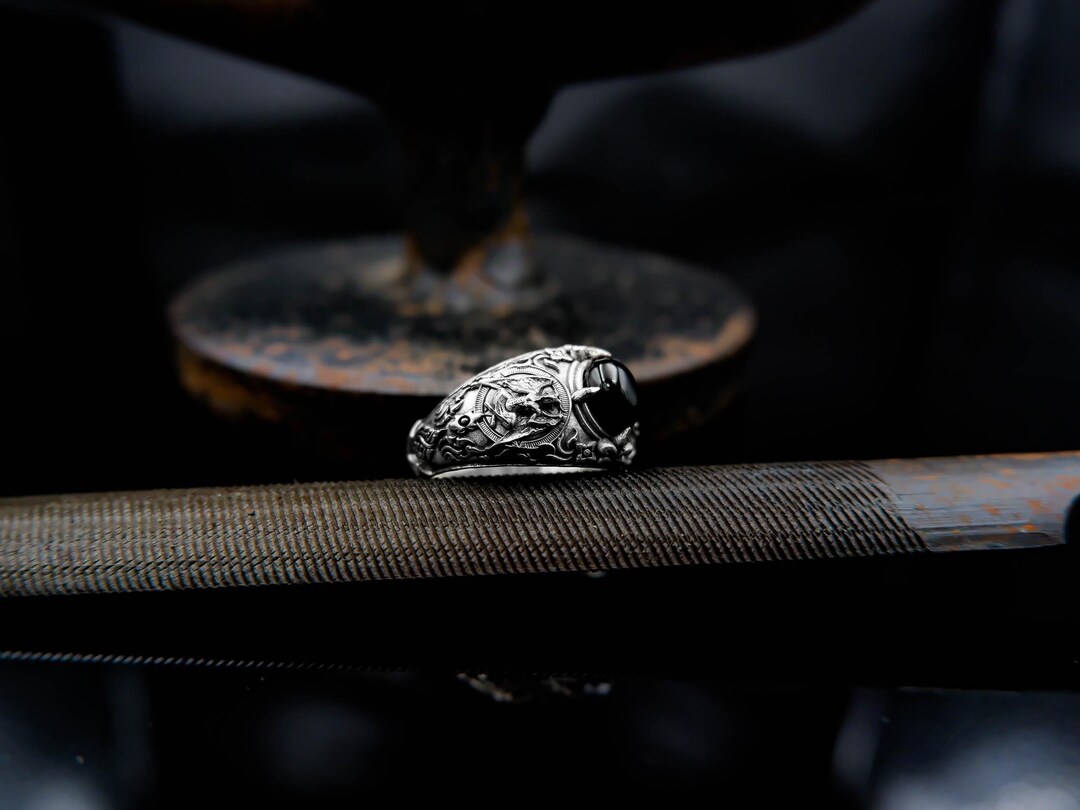 925 Sterling Silver Onyx Baphomet Goat Headed Devil Winged Ring ...
