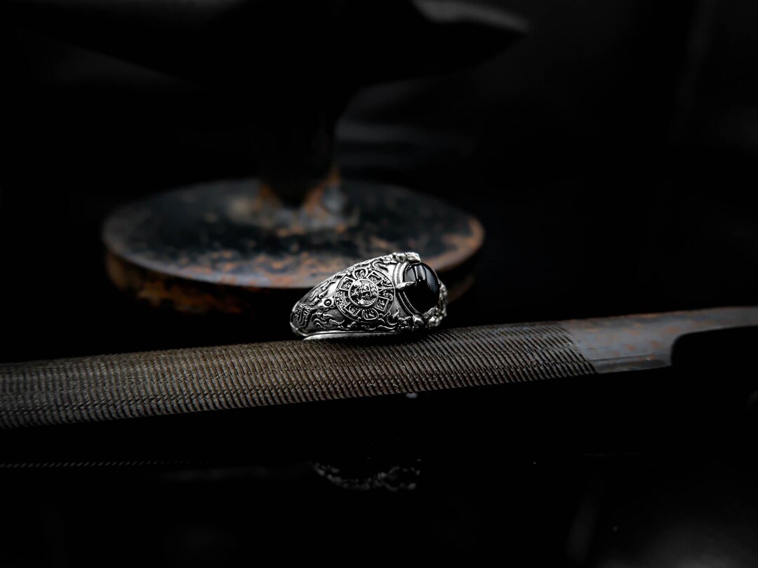 925 Sterling Silver Onyx Aztec Sun God Ring, Mayan Calendar Ring, Aztec ...