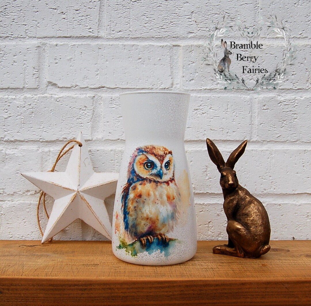 Glass Vase Beautiful Owl Watercolour Decoupaged Decorative Vase ...