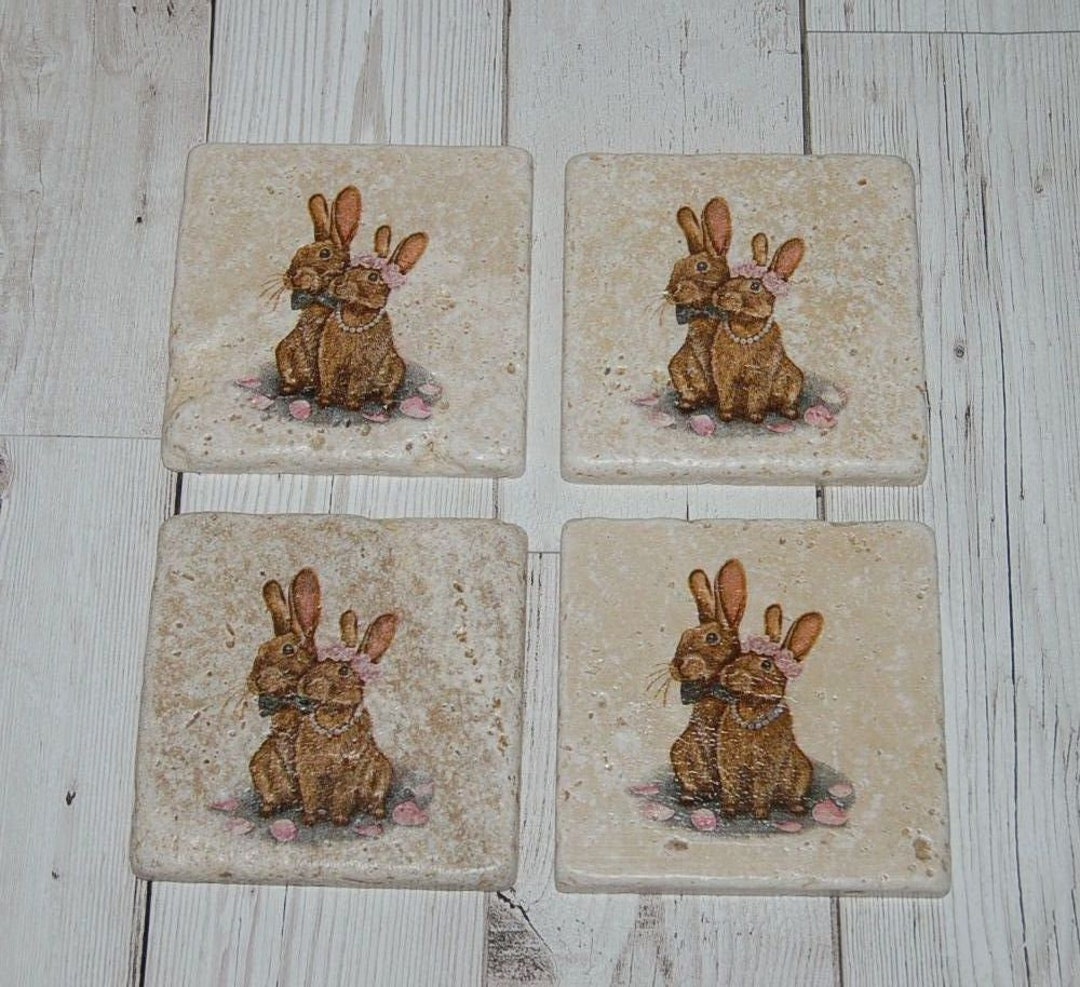 Hare Rabbits Mr & Mrs Bunny Coasters Set of 4 Handmade Decoupage Heavy ...
