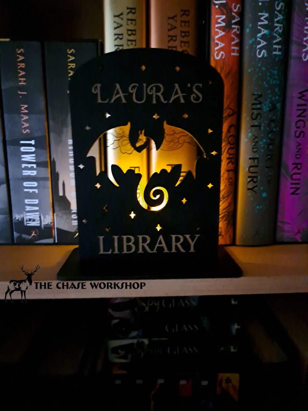 Personalised Fantasy Book Shelf Library Decoration Dragon Stars Lights ...