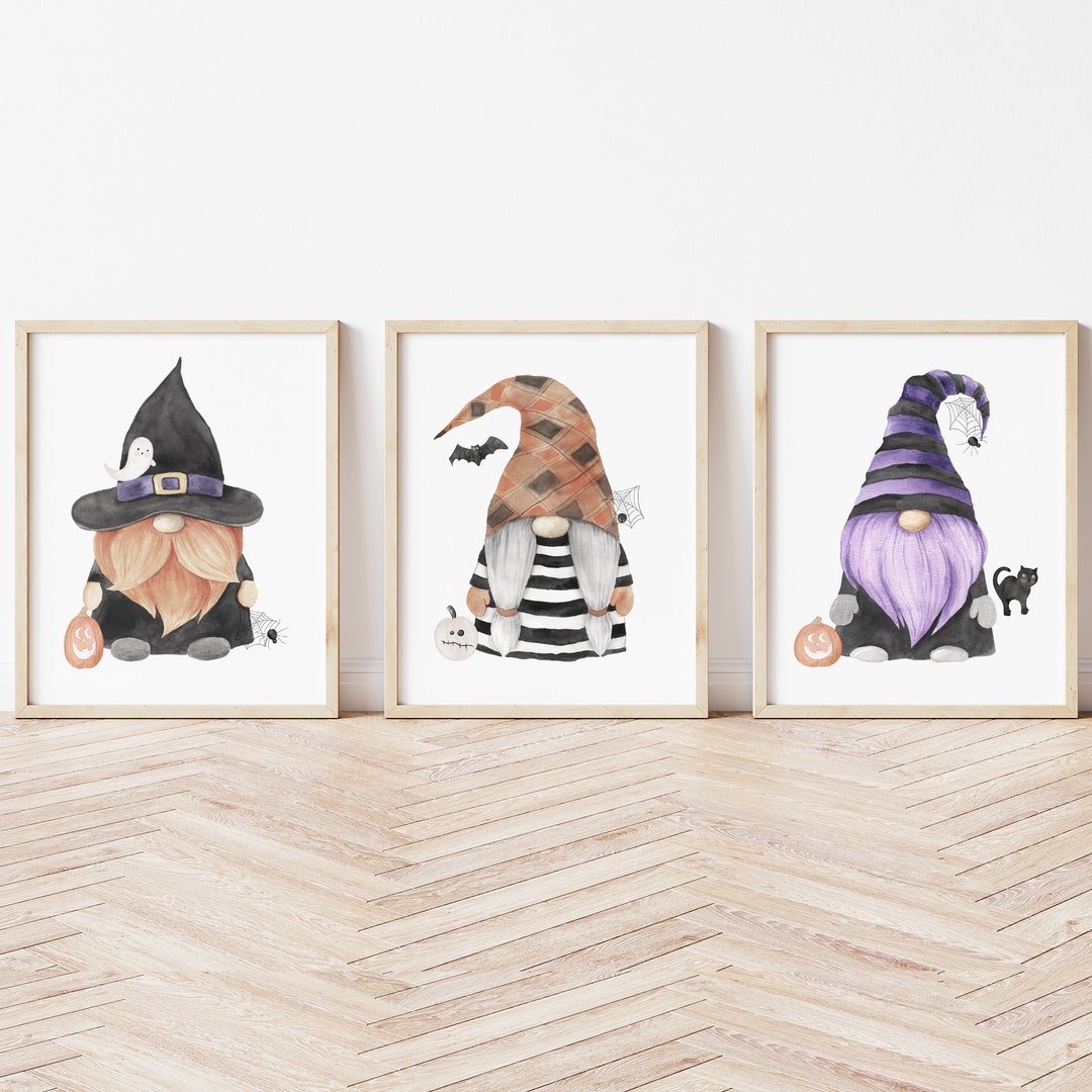 Halloween Gnome PRINTABLE ART. Digital Halloween Wall Art Set of 3 ...