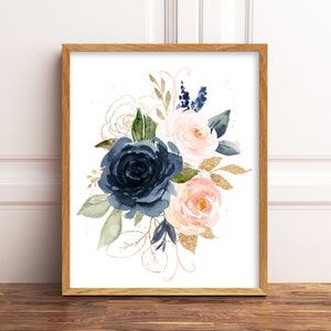 Navy and Blush Pink Floral Nursery Decor Prints -digital Download. Navy ...