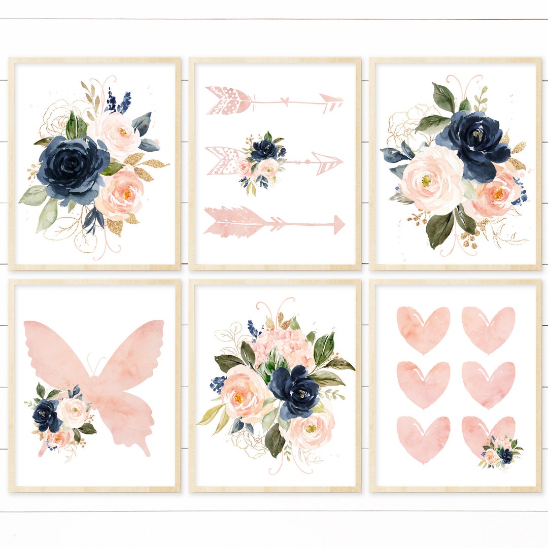 Navy and Blush Pink Floral Nursery Decor Prints -digital Download. Navy ...
