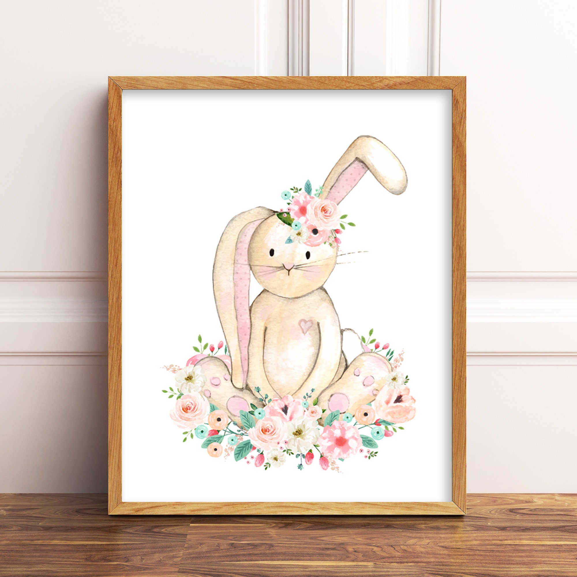 Floral Bunny Printable Nursery Art. Pink Peach Mint Nursery | Etsy