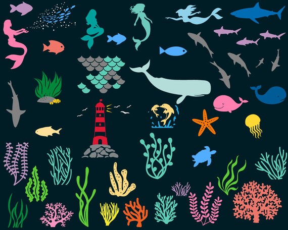 Sea Life SVG Underwater Vector Bundle Mermaid Shark Seaweed - Etsy