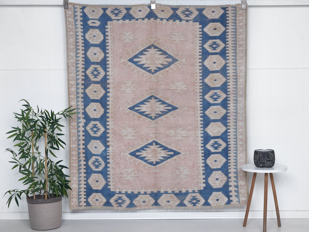 Neutral Pink and Blue Rug, Distressed Rug 4x5 Oushak Rug, Vintage Area ...
