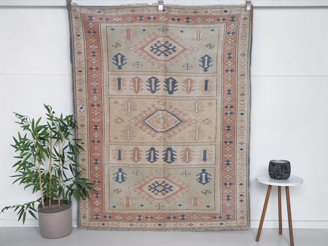 Rustic Turkish Area Rug 4x5 Rug Muted Oushak Rug 4x5 Persian Rug Wool ...