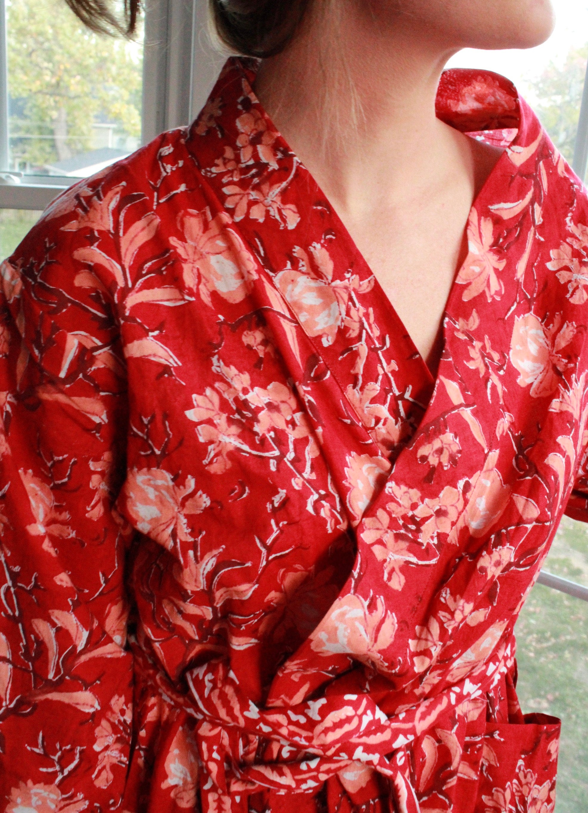 Red Natural Block-print Robe, 100% Indian Cotton House Coat With Pocket ...
