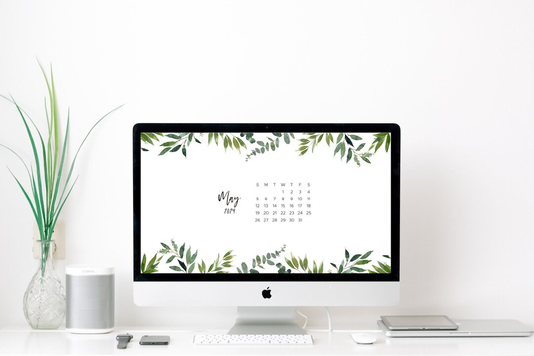 2024 Desktop Wallpaper Calendar Set Minimalist Watercolor Greenery 16/9 ...