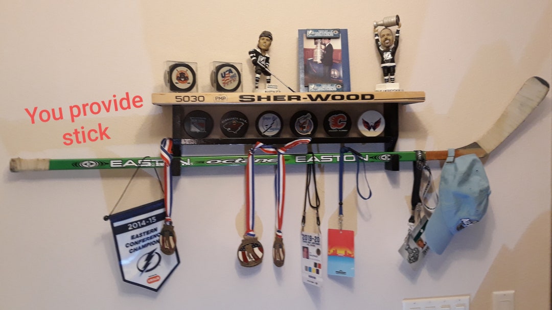Hockey Shelf Holds 6 Pucks, Stick, and Medals (made With Hockey Sticks ...