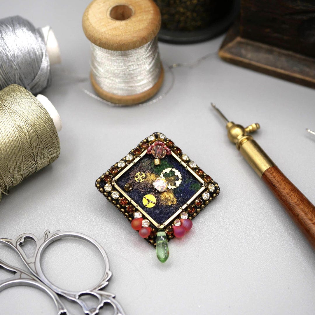 Hand Embroidered Steampunk Pins in the Shape of a Diamond With Crystals ...