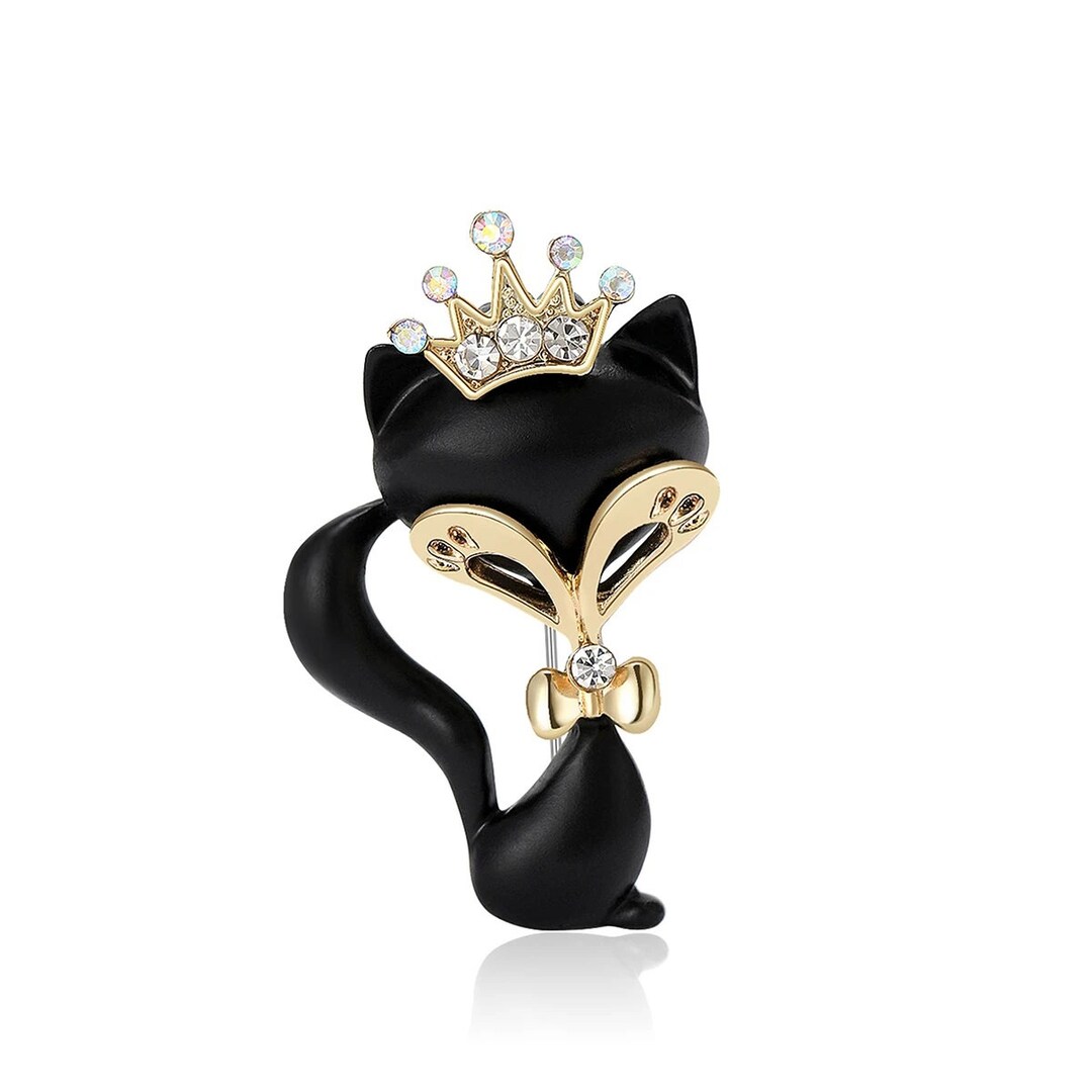 Enamel Crown Black Fox Brooches for Women Unisex Animal Pins Casual ...