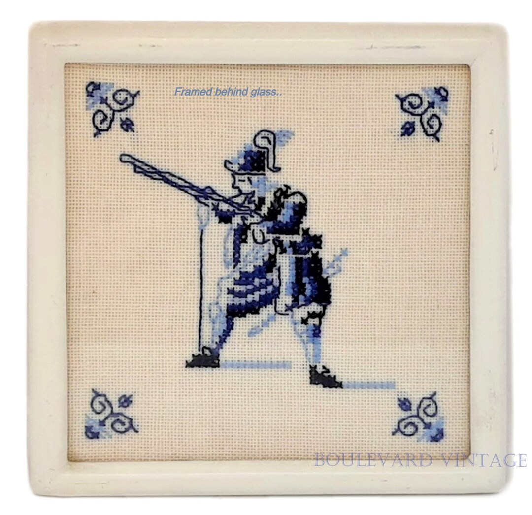 Vintage Delft Blue Cross Stitch Musketeer Embroidery Delft Knight Cross ...