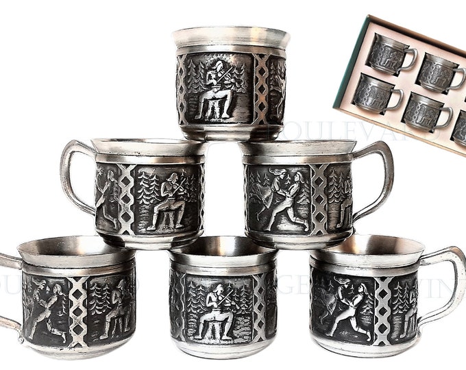 Antique Norwegian Pewter Tin Set 6 Mini Tankard Norway Pewter Cups ...