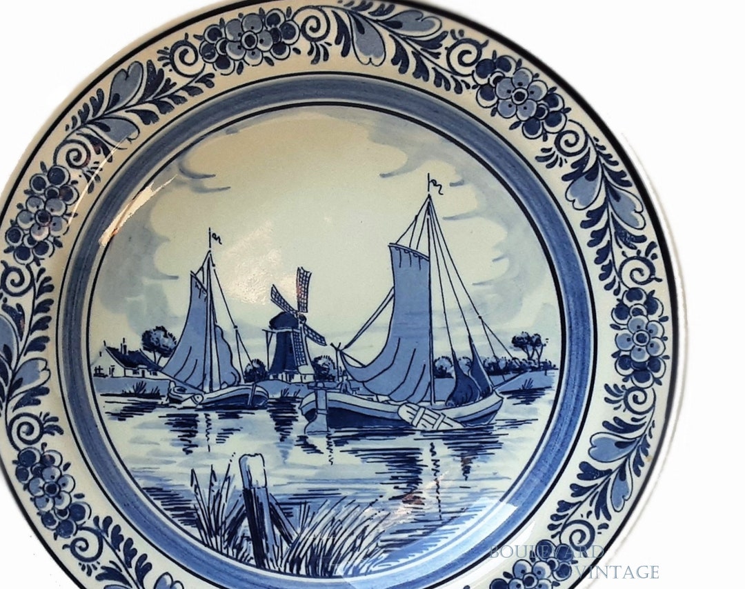 Delft Blue Windmill Sailing Ship Plate Royal Goedewaagen Delft Plate ...