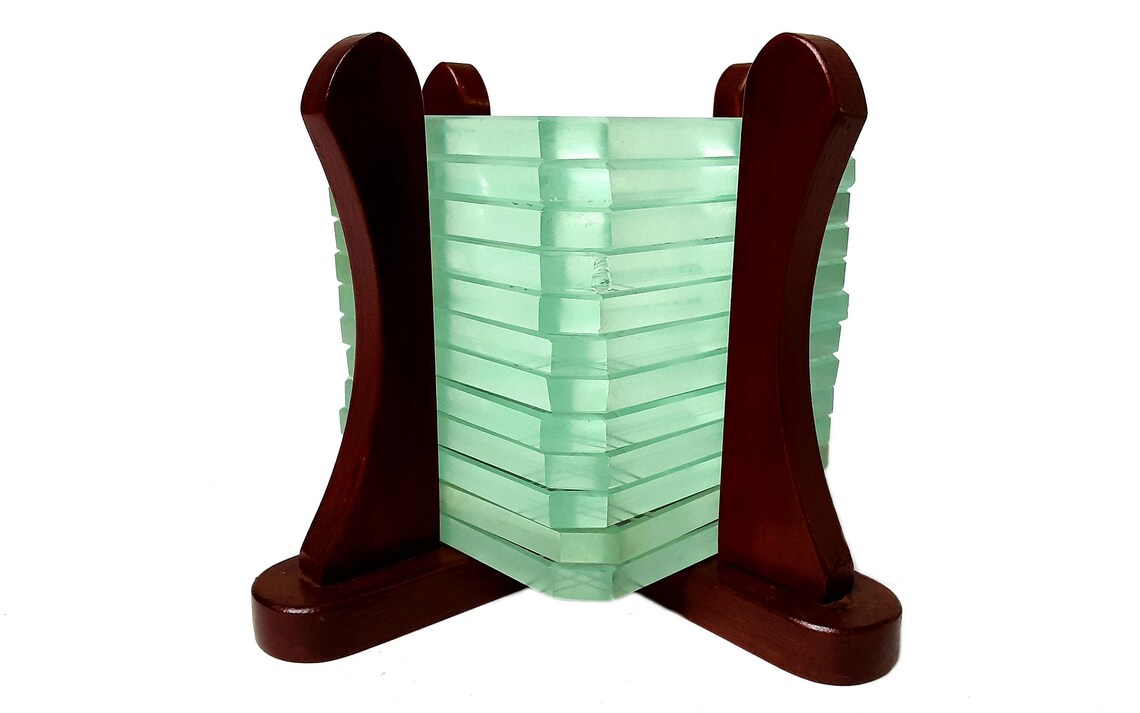 Bar Coasters in a Stand Green Glass Coaster Set With Holder - Etsy