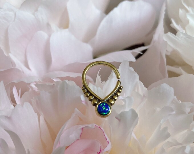 Opal Beaded Septum Ring, Light Blue Opal Septum Hoop, Tiny Opal Septum ...