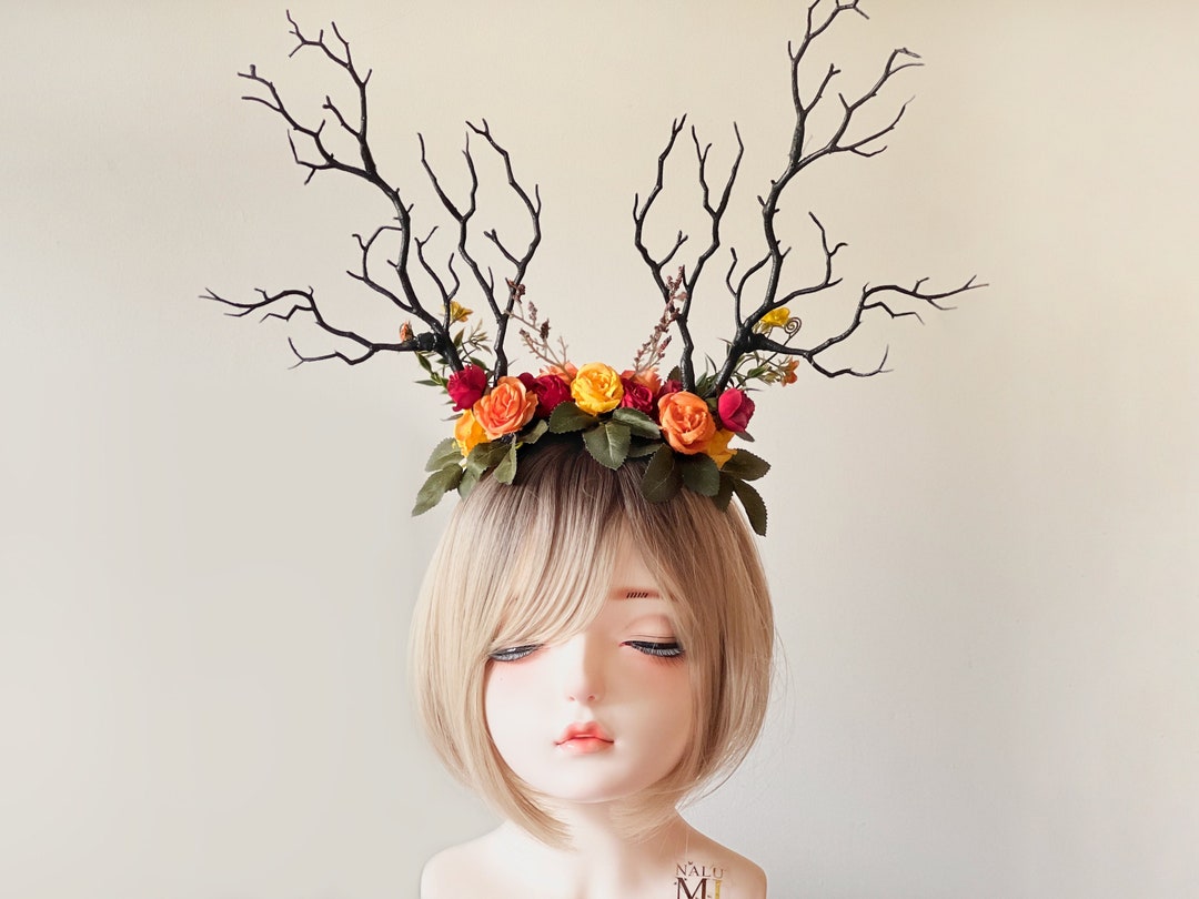 Black Forest Nymph Antler Headdress - Floral Red Orange Yellow Flowers ...
