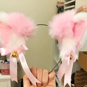 Pink Quilts White Cat Ear Headband Furry Animal Headdress Handmade ...