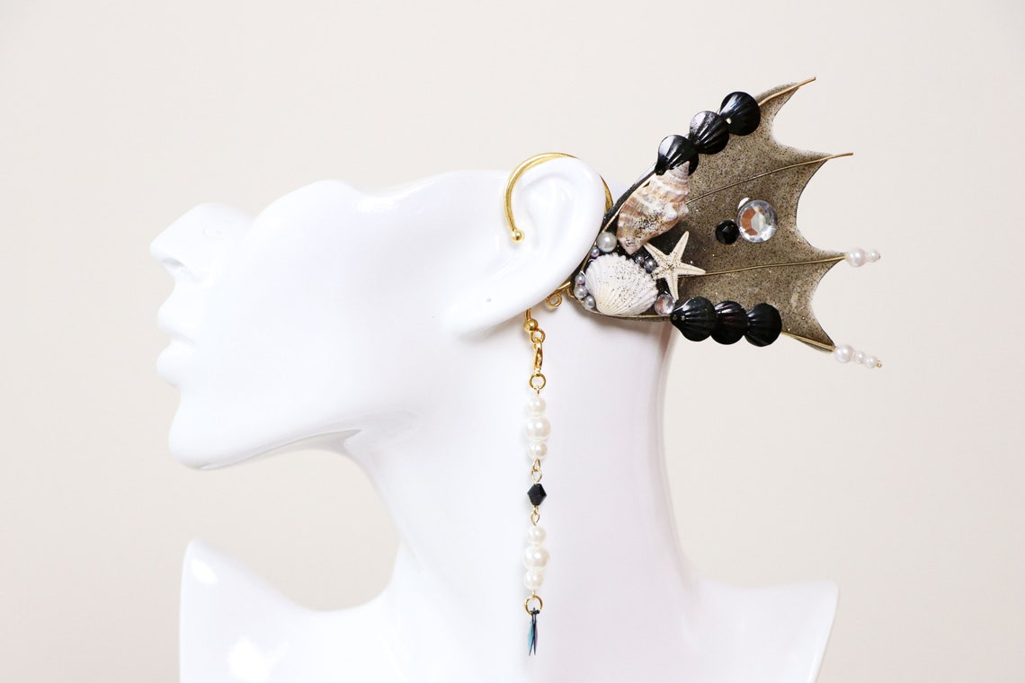 Gold Black Mermaid Earring Sea Shell Fairy Ears Elven Ears Earcuffs ...