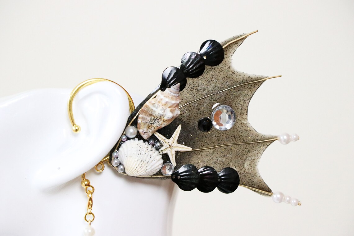 Gold Black Mermaid Earring Sea Shell Fairy Ears Elven Ears Earcuffs ...