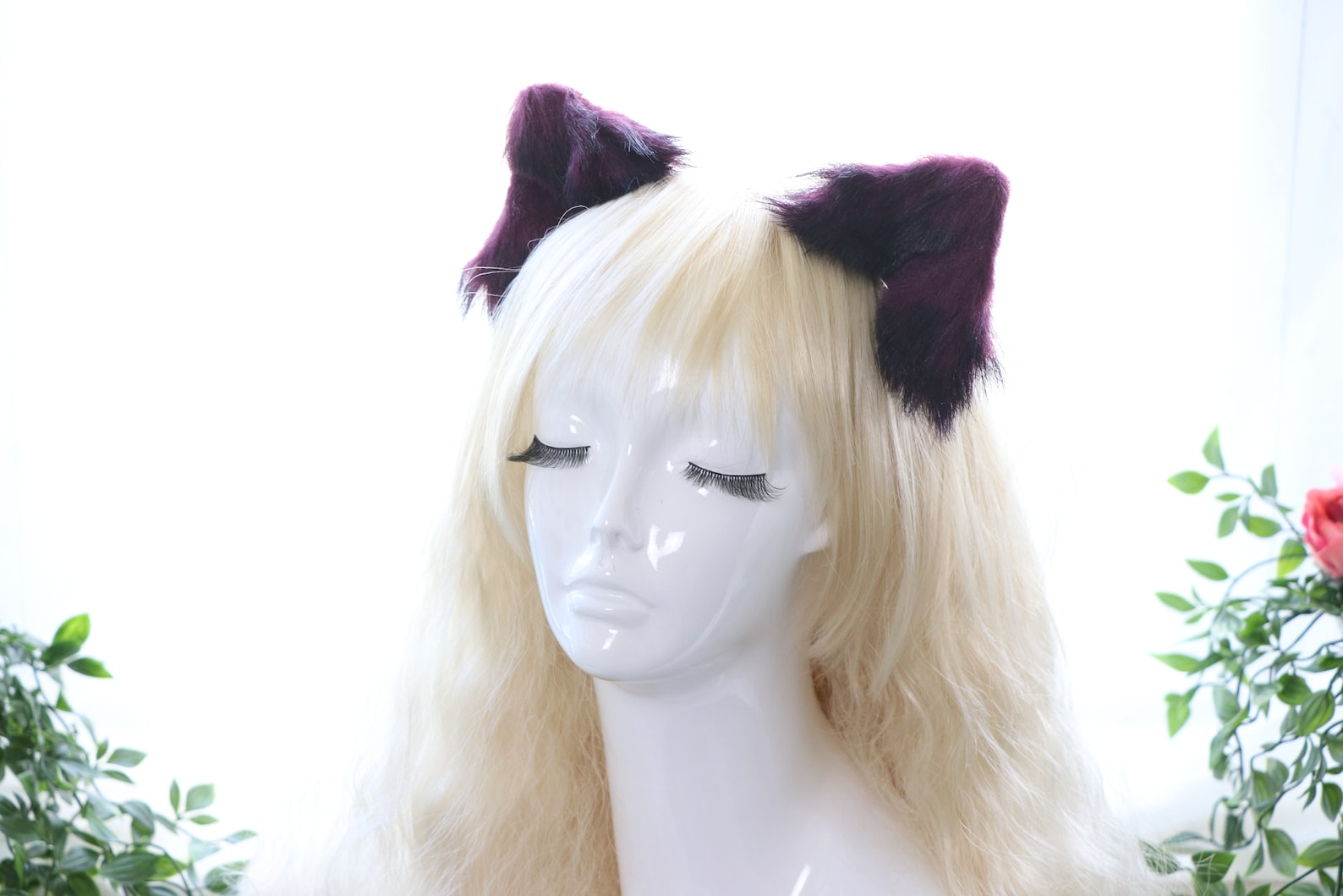 Black Purple Cat Ears Kitty Kitten Cosplay Anime Headwear Long Mix ...