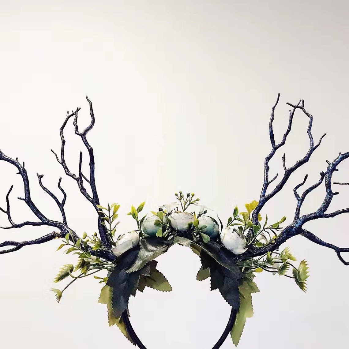 Black Forest Nymph Antler Headdress - Floral Dark Blue Green Halloween ...