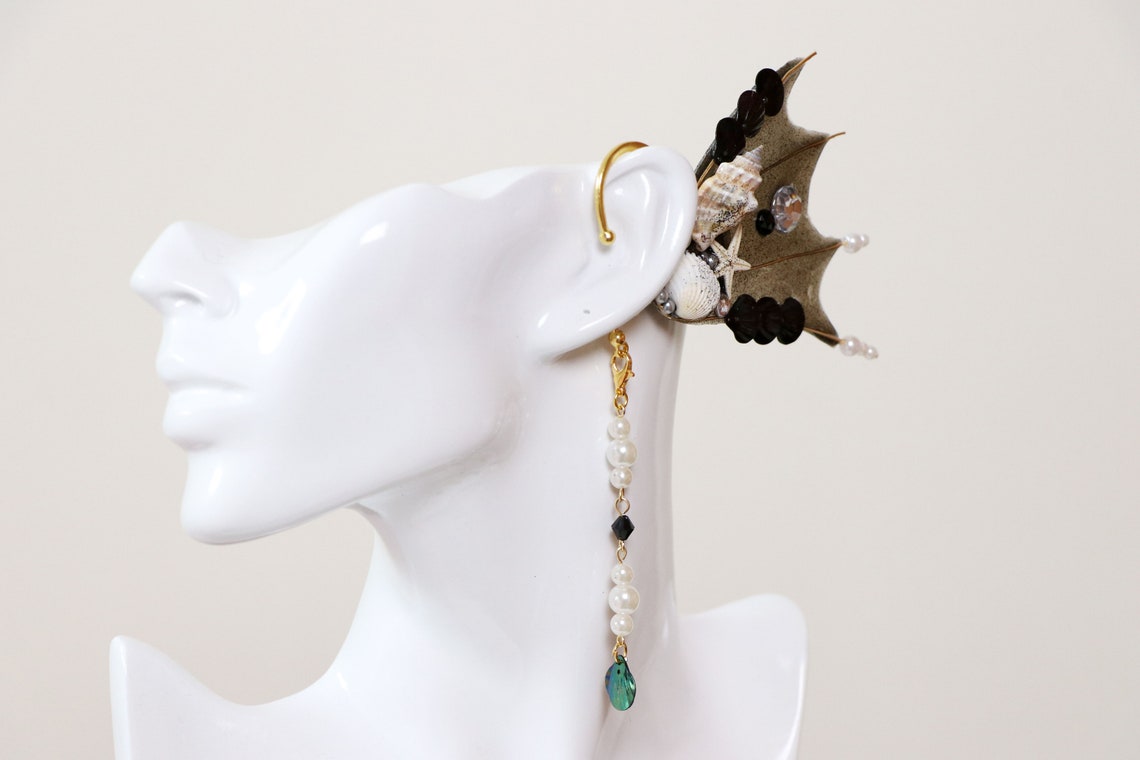 Gold Black Mermaid Earring Sea Shell Fairy Ears Elven Ears Earcuffs ...