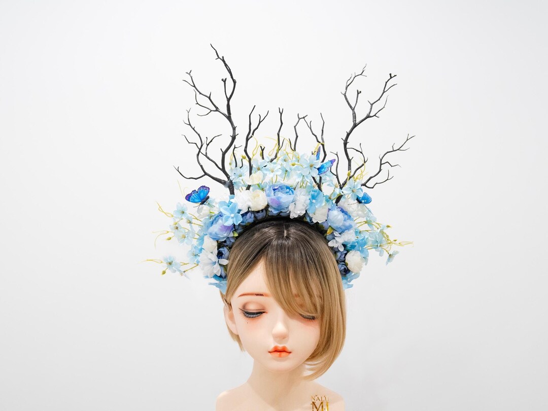 HORNS HEAD DRESS Unique Costume Forest Headdress Horror Blue White ...