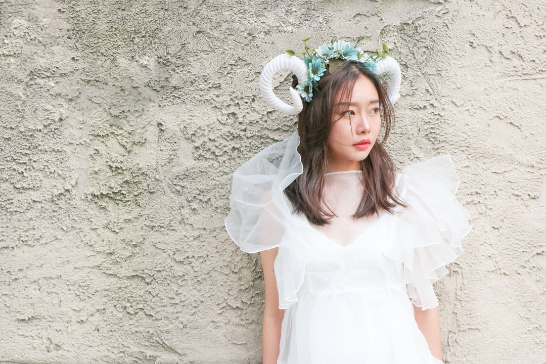 White Horns Ram Blue Daisy Flowers Nymph Forest Goat Headdress Sheep ...