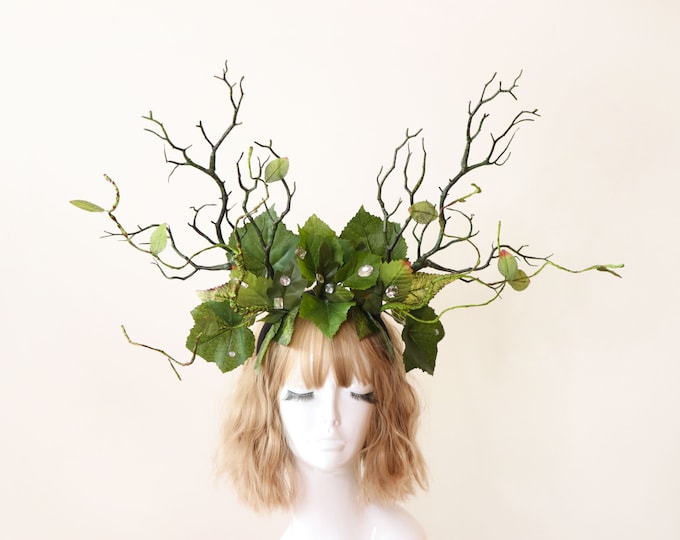 Dark Green Branch Horn Mix Leaves Rhinestones Bling Vine Nymph Forest ...