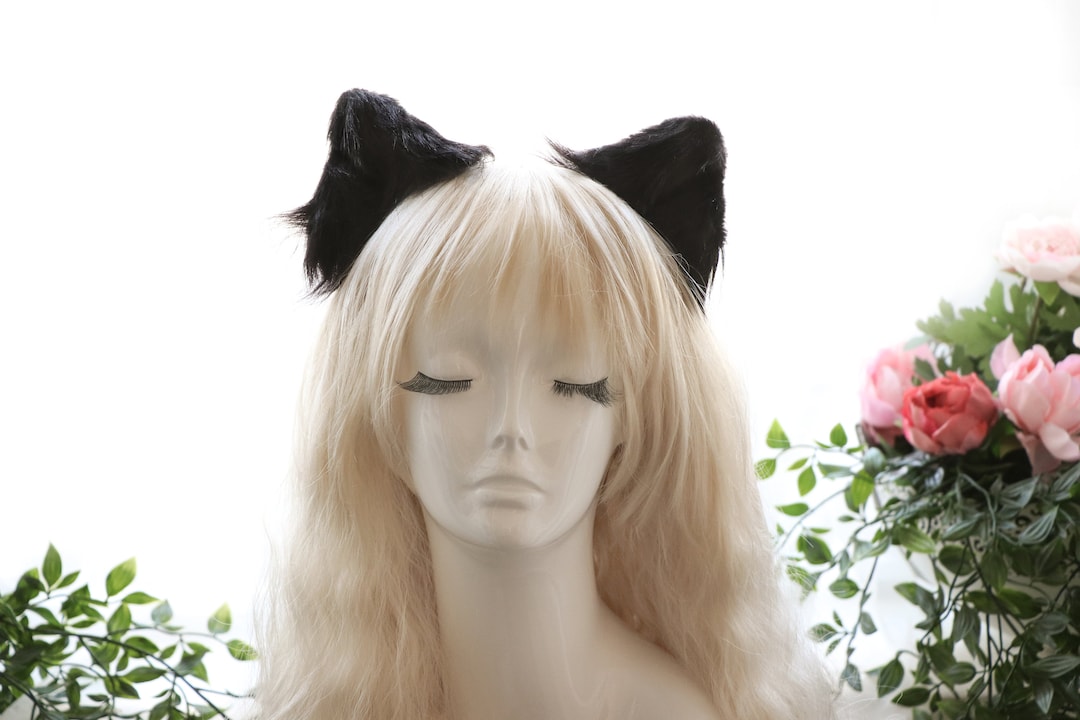 Black Cat Ears Kitty Kitten Cosplay Anime Headwear Long Furry Animal ...
