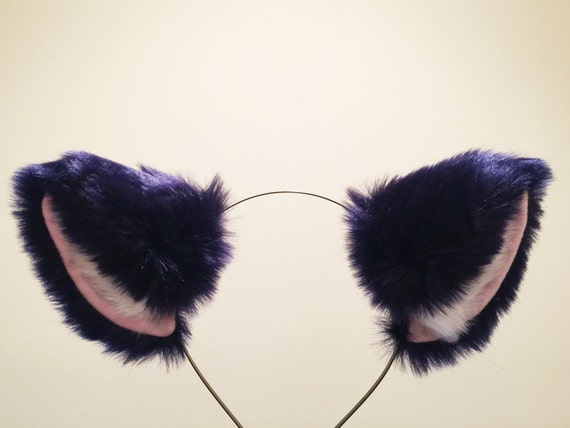 Cat ears Kitty Headwear Dark Navy Blue Furry White Fur Inside | Etsy
