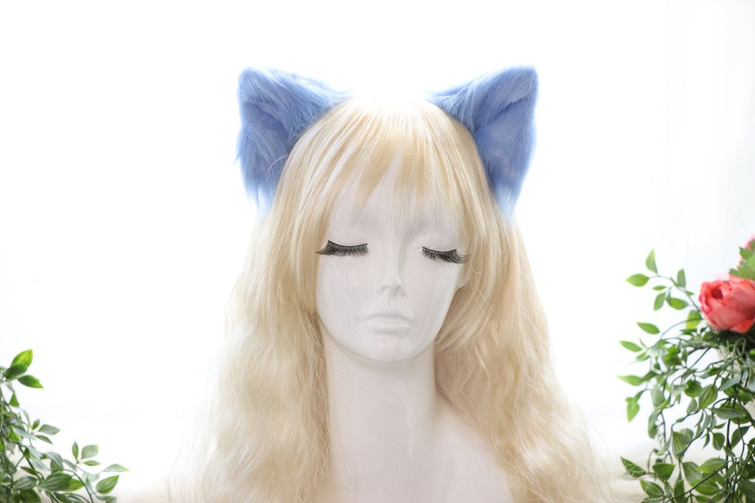 Light Blue Cat Ears Kitty Kitten Cosplay Anime Headwear Long Furry ...
