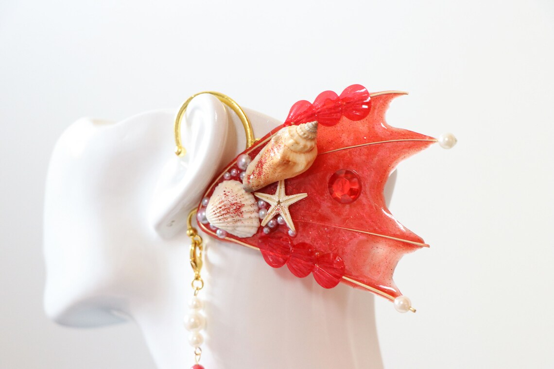 Red Mermaid Earring Sea Shell Fairy Ears Elven Ears Earcuffs Cosplay ...