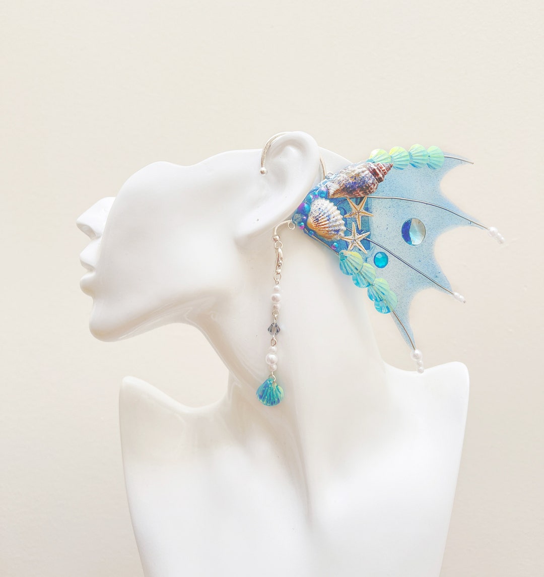 Blue Mermaid Earring Sea Shell Fairy Ears Elven Ears Earcuffs Cosplay ...